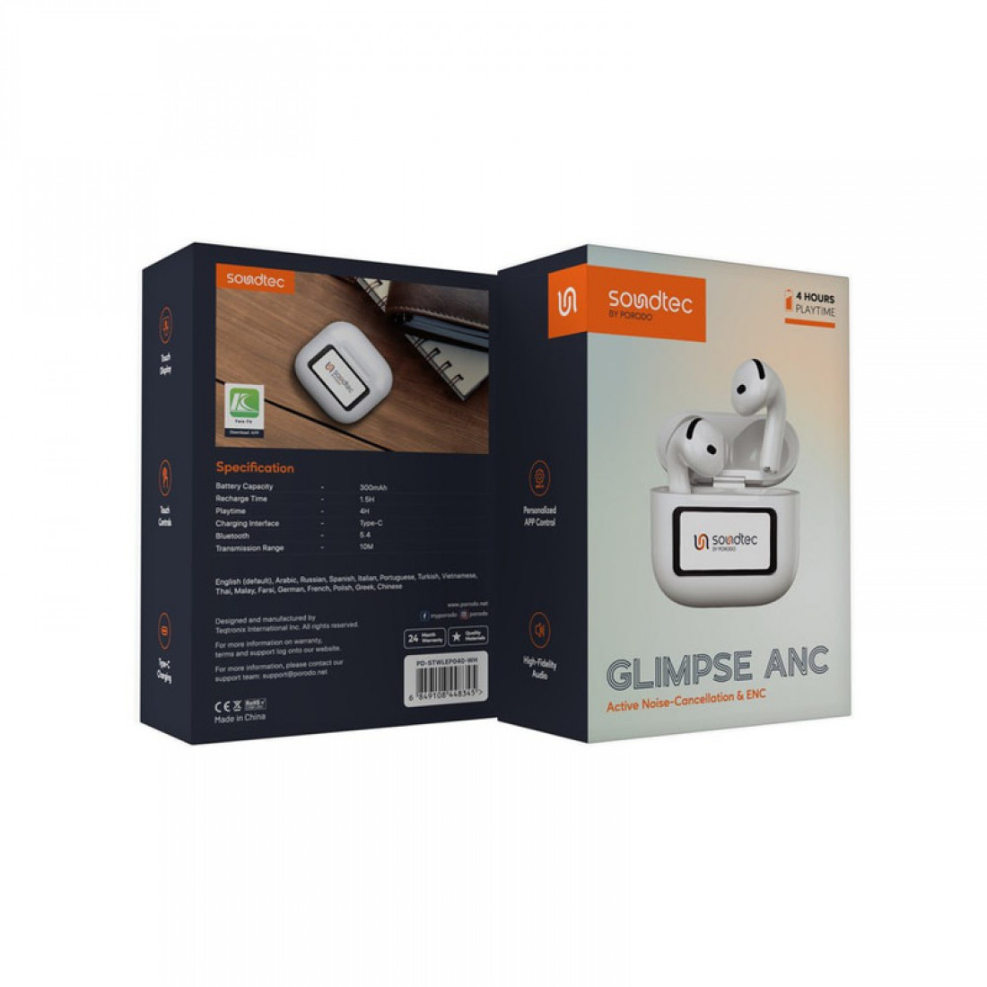 Porodo Soundtec GLIMPSE ANC+ENC Earphone with Touch Screen - White